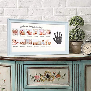 Dporticus Baby Handprint Kit & Footprint Photo Frame for Newborn Girls and Boys, 12 Photo Moments Frame Baby Shower Gifts Set Memorable Keepsake Box Decorations for Room Wall Non Toxic INK (Blue)