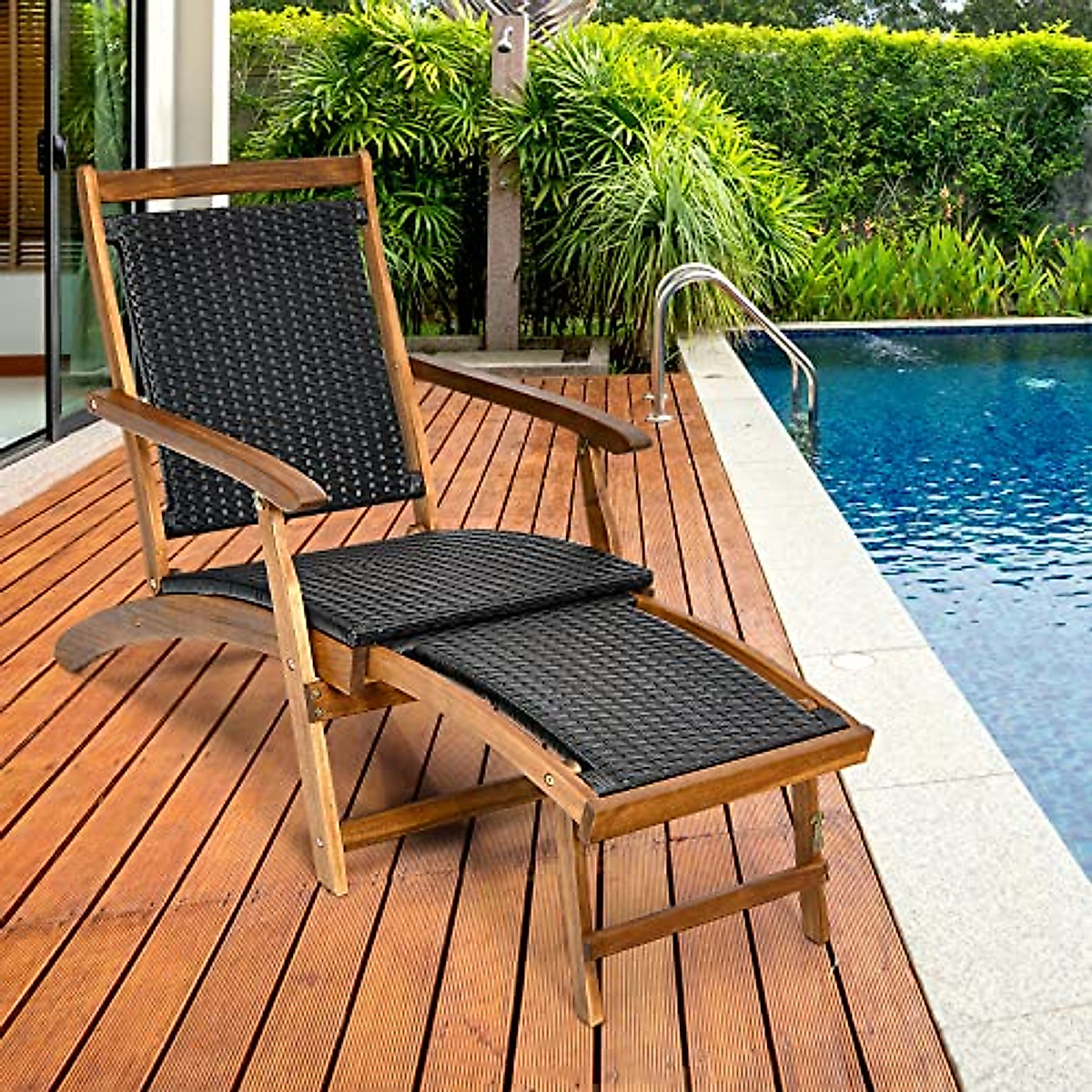 Tangkula Acacia Wood Folding Chaise Lounge Chair, Patiojoy Outdoor Foldable Deck Chair, Portable Wicker Lounger with Retractable Footrest, Collapsible Armchair Ideal for Garden, Poolside, Courtyard