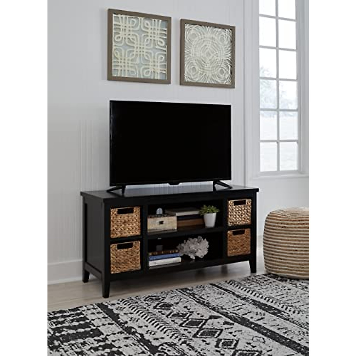 Signature Design by Ashley Mirimyn Casual TV Stand for TVs up to 54" with 4 Baskets and 3 Adjustable Shelves, Black & Light Brown