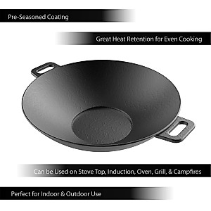Classic Cuisine Cast Iron Wok-14” Pre-Seasoned, Flat Bottom Cookware with Handles-Compatible with Stovetop, Oven, Induction, Grill, or Campfire, (82-KIT1088)