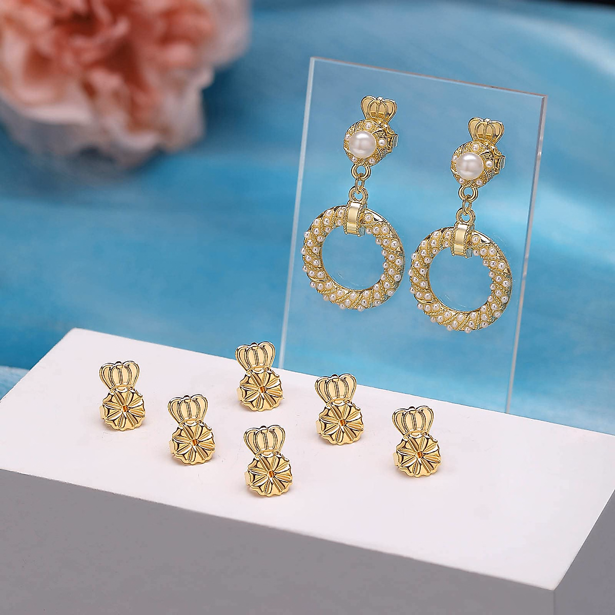 3 Pairs Earring Backs for Droopy Ears,10MM Adjustable Crown Large Earring Backs for Heavy Earring,18K Gold Plated Hypoallergenic Earring Lifters Secure Earring Backs for Studs(White+Gold)