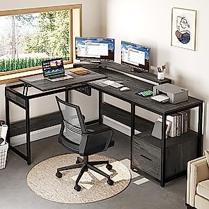 YITAHOME L Shaped Desk with File Drawer, 65" Large Computer Desk Corner Desk with Lift Top, Standing Desk Height Adjustable with Monitor Stand & Storage Shelves for Home Office, Grey