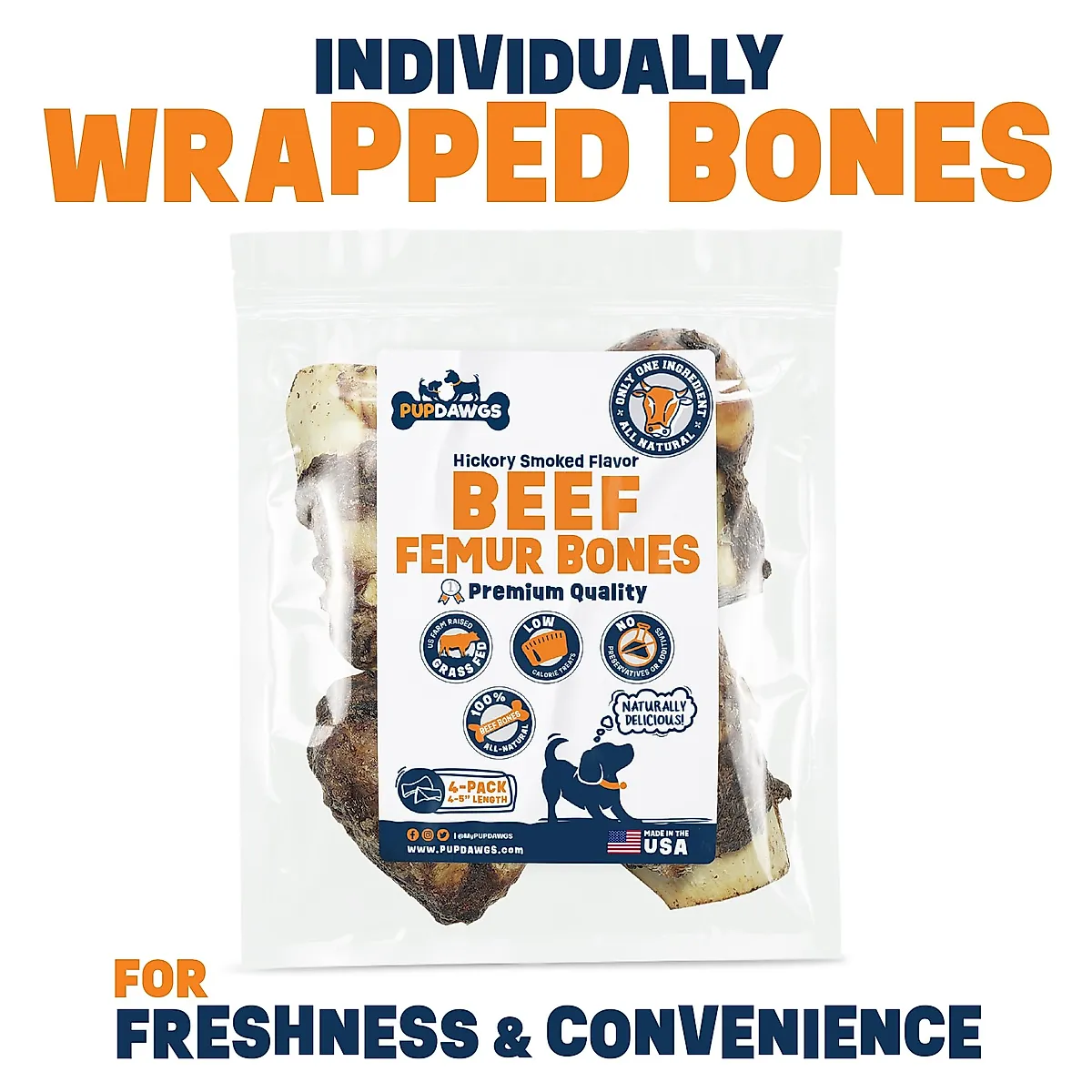 PUPDAWGS Single Ingredient Dog Bones - Made in USA - Beef Femur Bones - Natural Dog Bones for Aggressive Chewers - from USDA Inspected Beef - Hickory Smoked - Individually Wrapped (4 Piece Pack)