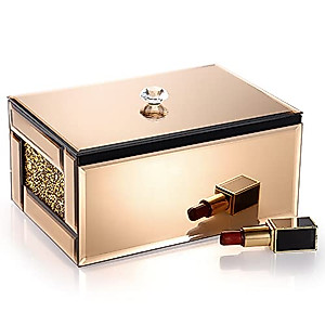 Hipiwe Glass Mirrored Jewelry Box with Crushed Diamond Decor Jewelry Trinket Organizer Box Keepsake Box Treasure Chest Case for Rings Earrings Necklace Storage Box (Large, Gold)