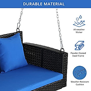 VINGLI Heavy Duty 800 LBS Wicker Hanging Porch Swing with Cushions & Chains, 4FT Outdoor Rattan Swing Bench for Garden, Yard, Lawn (Black+Blue)