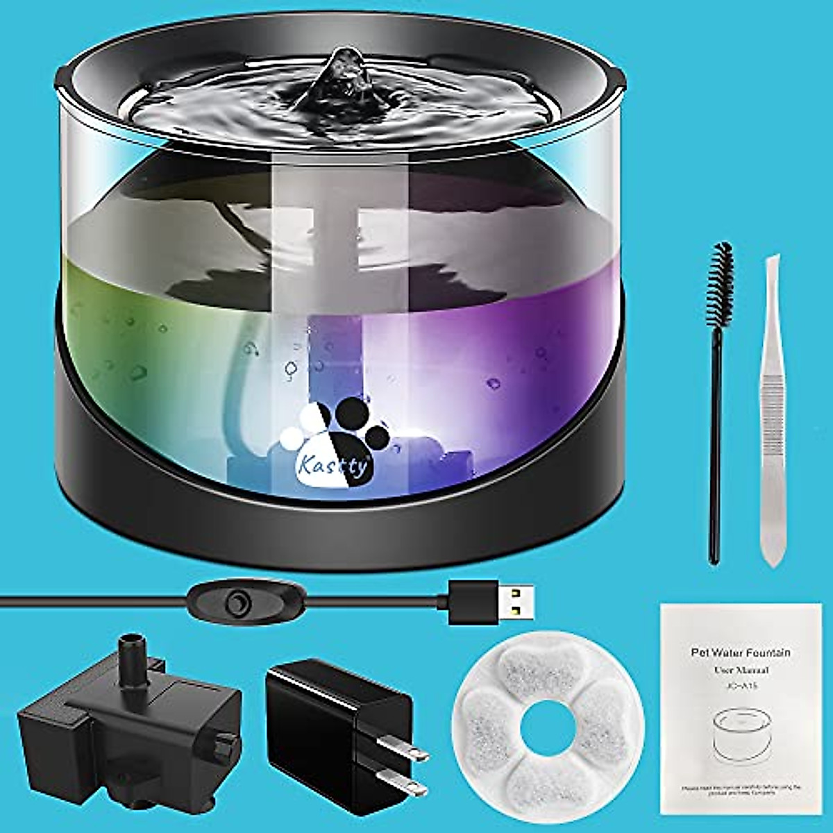Kastty Cat Water Fountain, Super Quiet Water Fountain for Cats Inside, Pet Water Fountain for Kitty, Cat Waterer, Dog Bowl Dispenser 2.2L/74oz,with Super Long Life Span Pump, Black+Colorful LED Light