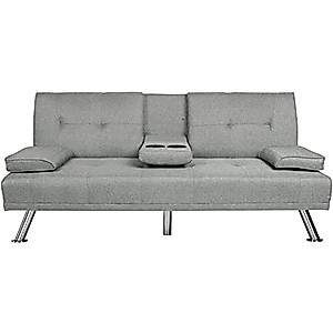 FULife Futon Sofa Convertible Sleeper Couch Bed Daybed Loveseat, Folding Recliner with 2 Cup Holders, Metal Legs, Removable Soft Pillow-Top Armrest for Living Room Small Place, Light Gray 66.1