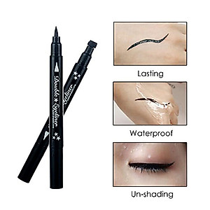 Pinkiou 2 in 1 Double-headed Liquid Eyeliner Pen Stamp Super Slim Gel Felt Tip High Pigment Black Waterproof Smudgeproof Long Lasting Tattoo Makeup Tool(Star)