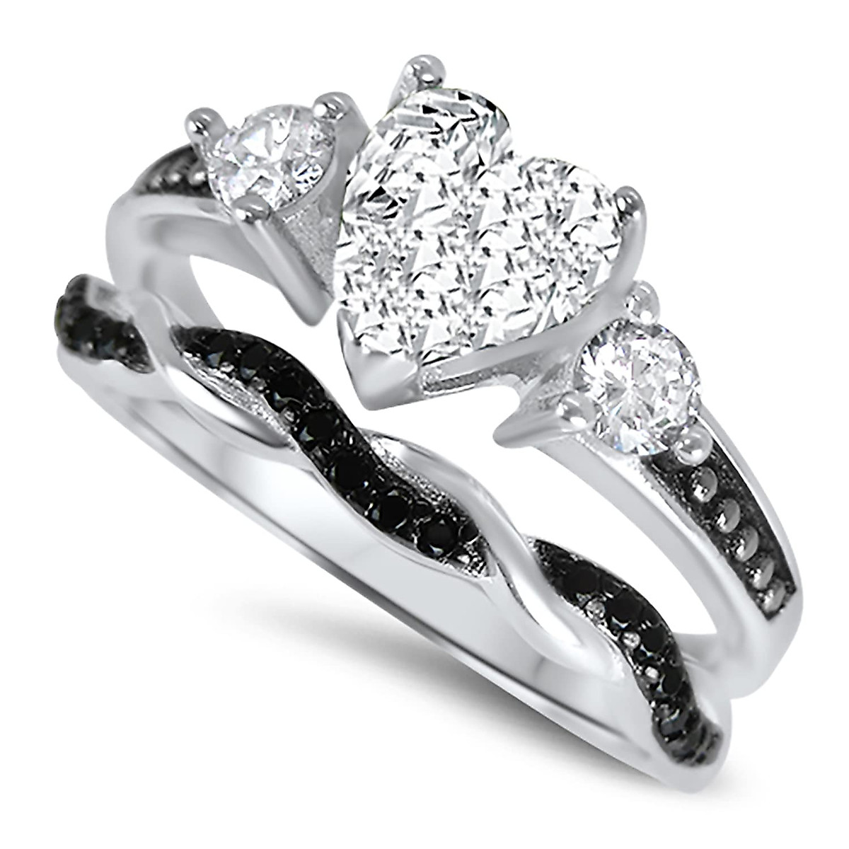 LaRaso & Co His and Hers 3 Piece Trio Sterling Silver Black Wedding Band Engagement Ring Set