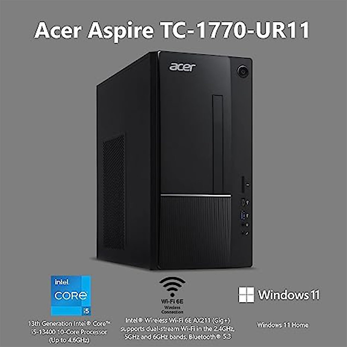 acer Aspire TC-1770 Tower Desktop, 13th Gen Intel Core i5-13400(Beat Intel i7-1255U), 12GB RAM, 512GB SSD, Wi-Fi 6, HDMI, Wired Keyboard and Mouse, Windows 11 Home, Black
