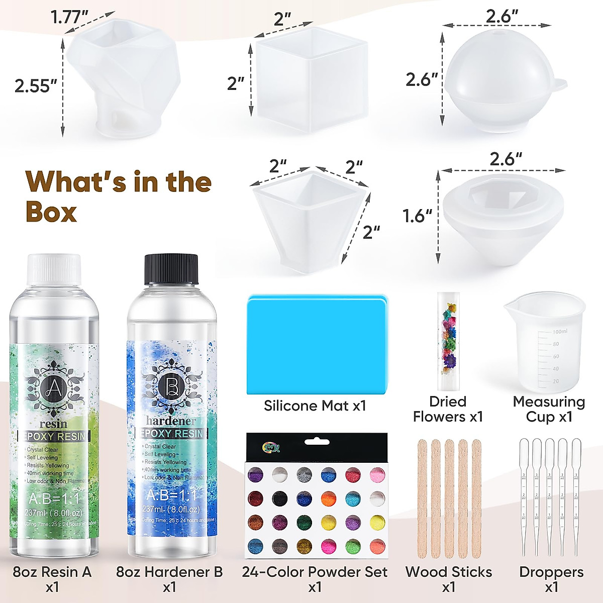 Whoaoh Epoxy Resin Molds Silicone Kit, 16OZ Resin Starter Kit for Beginners, Include Epoxy Resin, Square, Spherical, Pyramid, Diamond and Polygonal Molds for Art, DIY Crafts, Christmas Gift