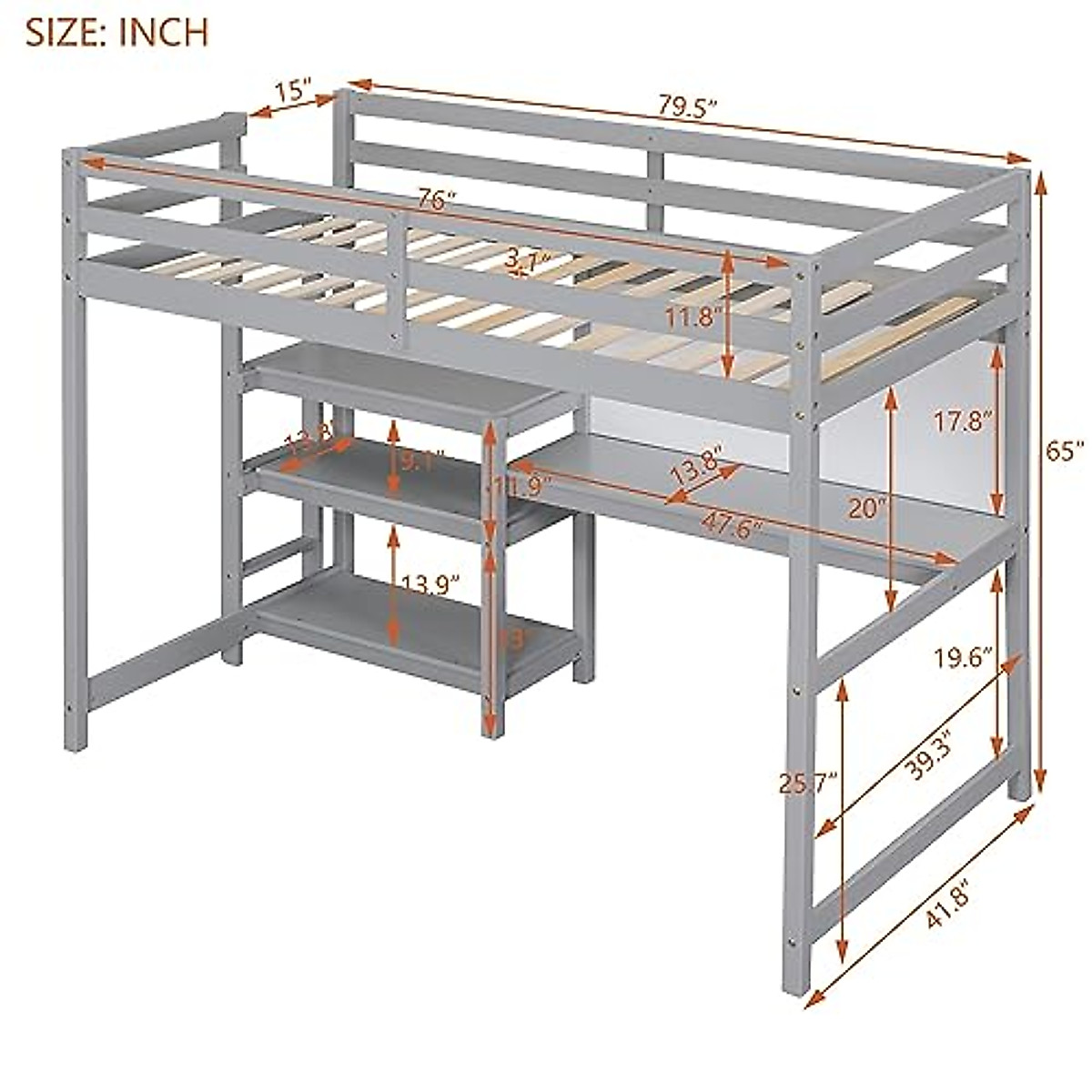 Epinki Twin Size Wooden Loft Bed with Shelves, Desk and Writing Board - Gray, Kids Bed, No Box Spring Needed, Easy Assembly