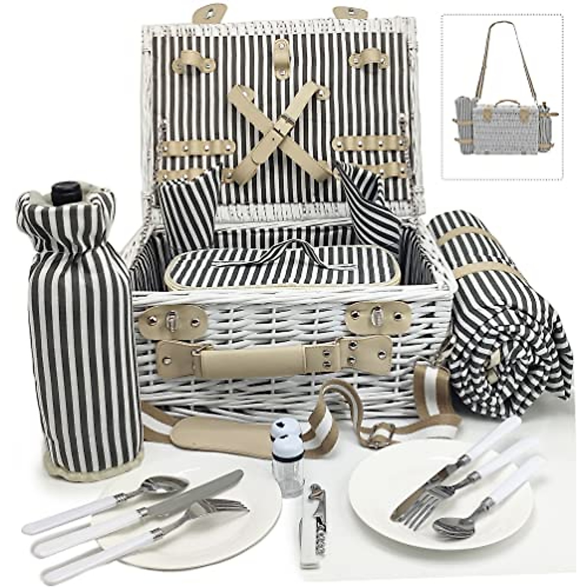 20Pcs Willow Picnic Basket for 2 with Waterproof Blanket/Insulated Cooler/Wine Bag/Cutlery for Camping,Couples,Valentine Day, Wedding Gift