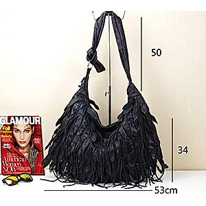 Segater® Women Black Sheepskin Hobo Bag Genuine Leather Patchwork Tassel Shoulder Bag Stripe Leisure Handbag and Purses Splice Crossbody Bags