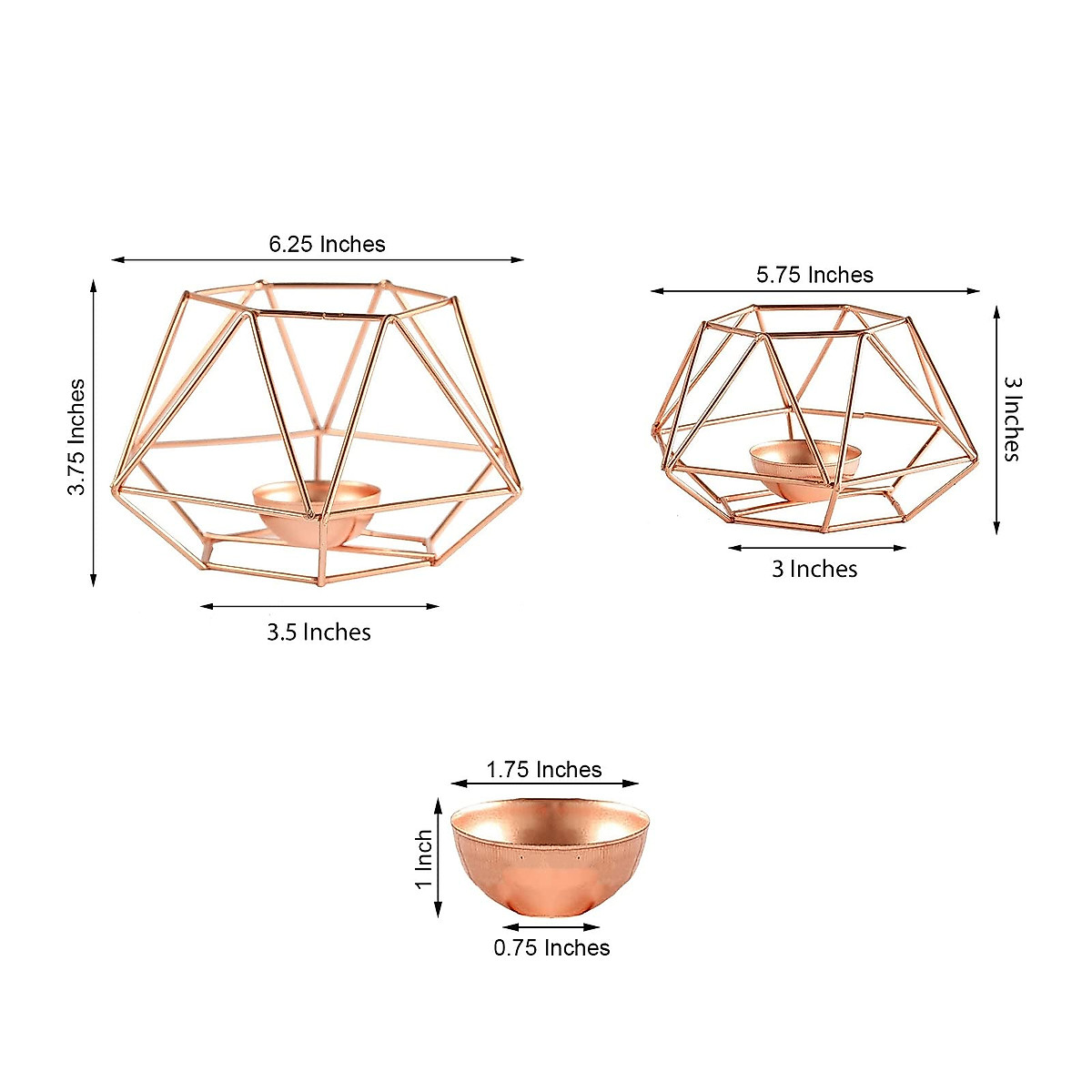 TABLECLOTHSFACTORY Set of 2 Rose Gold Metal Hexagon Top Geometrical Tealight Candle Holders Flower Vase - 4"|3"