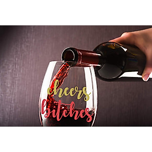 Cheers Bitches Funny 15oz Stemless Crystal Wine Glass - Fun Wine Glasses with Sayings Gifts for Women
