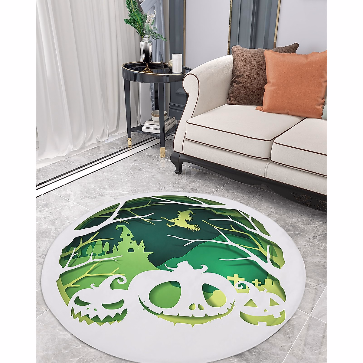 Halloween Fluffy Round Area Rug Carpets 3.3ft, Plush Shaggy Carpet Soft Circular Rugs, Non-Slip Fuzzy Accent Floor Mat for Living Room Bedroom Nursery Home Decor Green Horror Haunted-House Pumpkin