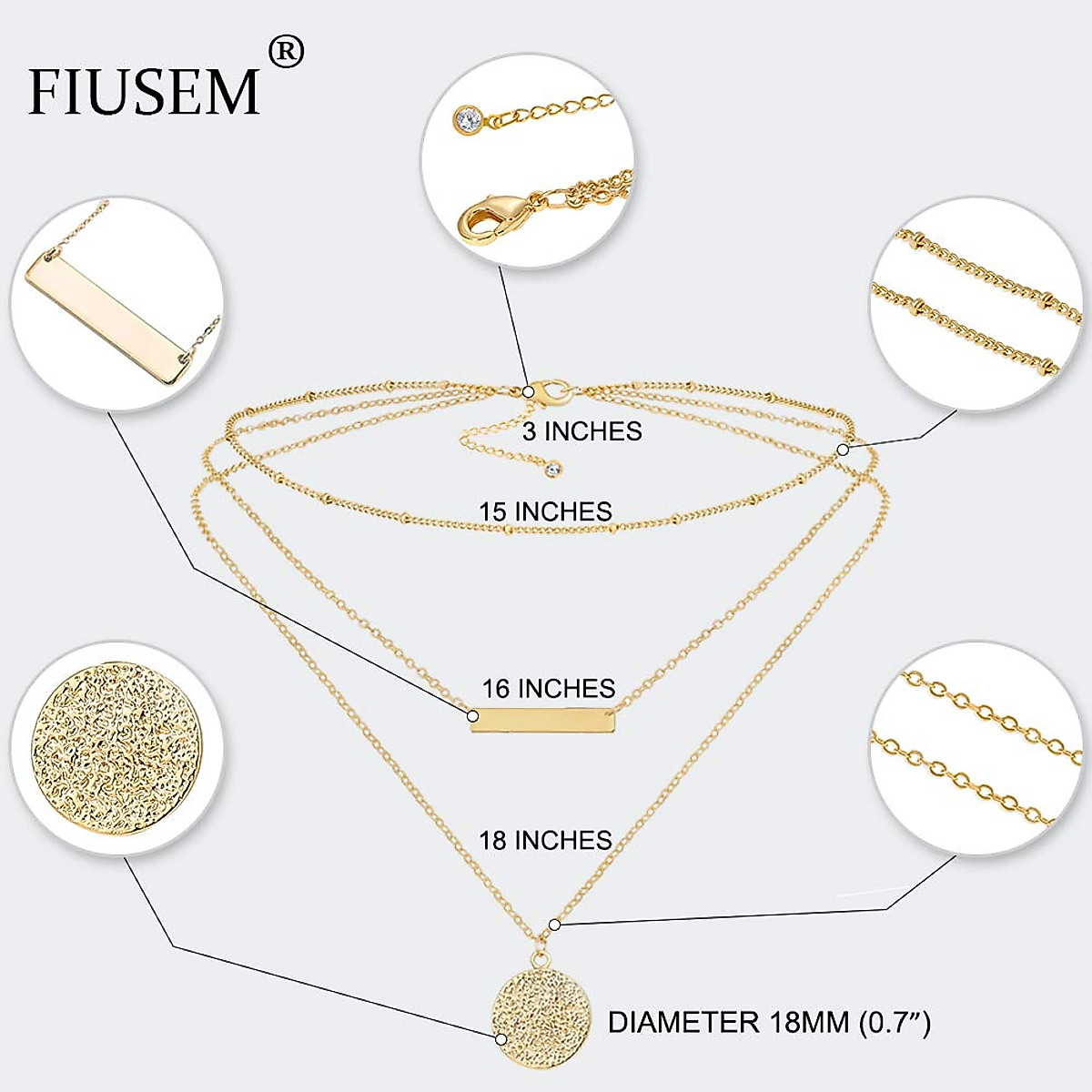Fiusem Gold Layered Necklaces for Women, Dainty 14K Gold Plated Moon Pendant Necklace and Choker Necklaces for Women, 15”, 16”, 18”