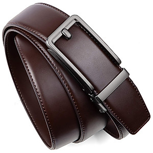 Founders & C Men's Leather Ratchet Comfort Click Belt Dress with Slide Buckle -Adjustable Trim to Fit (28"-42" Waist Adjustable, Matted Gun Buckle W Brown Leather)