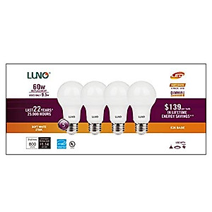 LUNO A19 Dimmable LED Bulb, 9.5W (60W Equivalent), 800 Lumens, 2700K (Soft White), Medium Base (E26),UL & Energy Star (4-Pack)