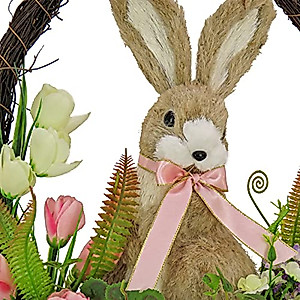 National Tree Company Woven Basket with Bunny Table Decoration, Woven Branch Base, Decorated with Fern Fronds, Tulips, Easter Collection, 17 Inches