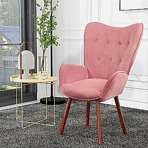 Fangflower Rose Velvet Accent Chair, Modern Button-Tufted Wingback Vanity Seat with Arms, Upholstered High-Back, Sturdy Wooden Legs for Bedroom, Lounge, Living Room