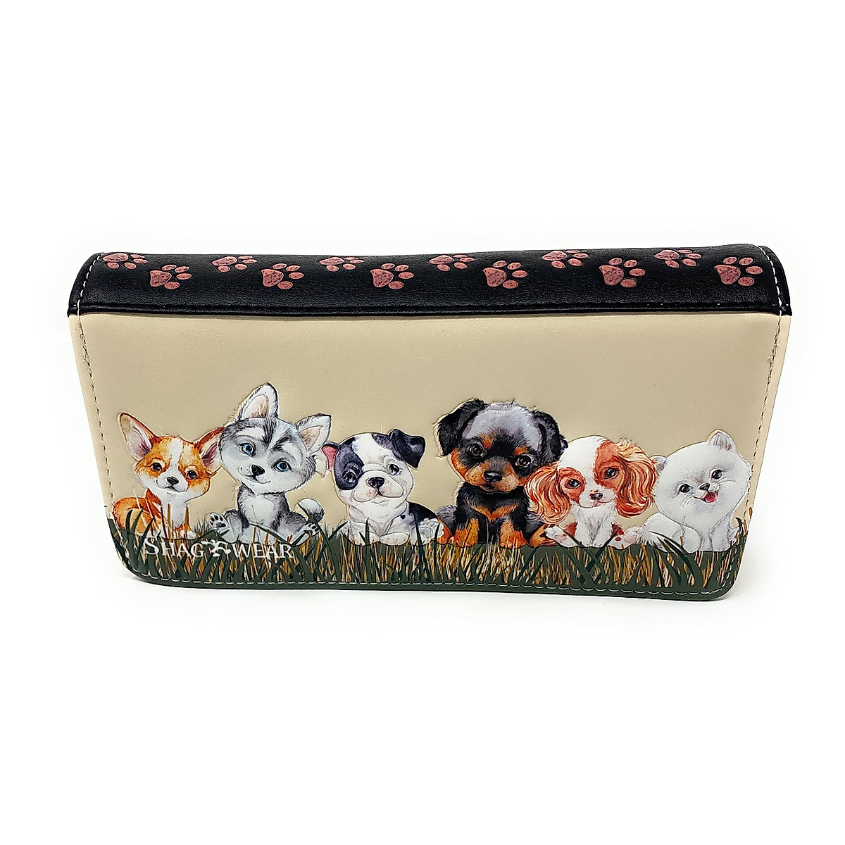 Shag Wear Puppy Dog Love Large Animal Wallet for Women and Teen Girls Vegan Faux Leather Beige 7"