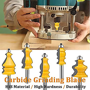 TAIWAIN Router Bit Set 1/4 Inch Shank 5PCS Architectural Picture Frame Molding Bits, Wood Milling Cutter Router, Woodworking Miter Carbide CNC Cutting Tool for Doors, Tables(F-line)