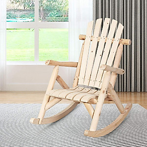 Giantex Log Wooden Rocking Chair, Wood Porch & Patio Rocker with Slatted Seat and Backrest, Adirondack Rocking Chair, Outdoor Accent Furniture for Balcony, Garden, Poolside, Backyard, Natural (1)