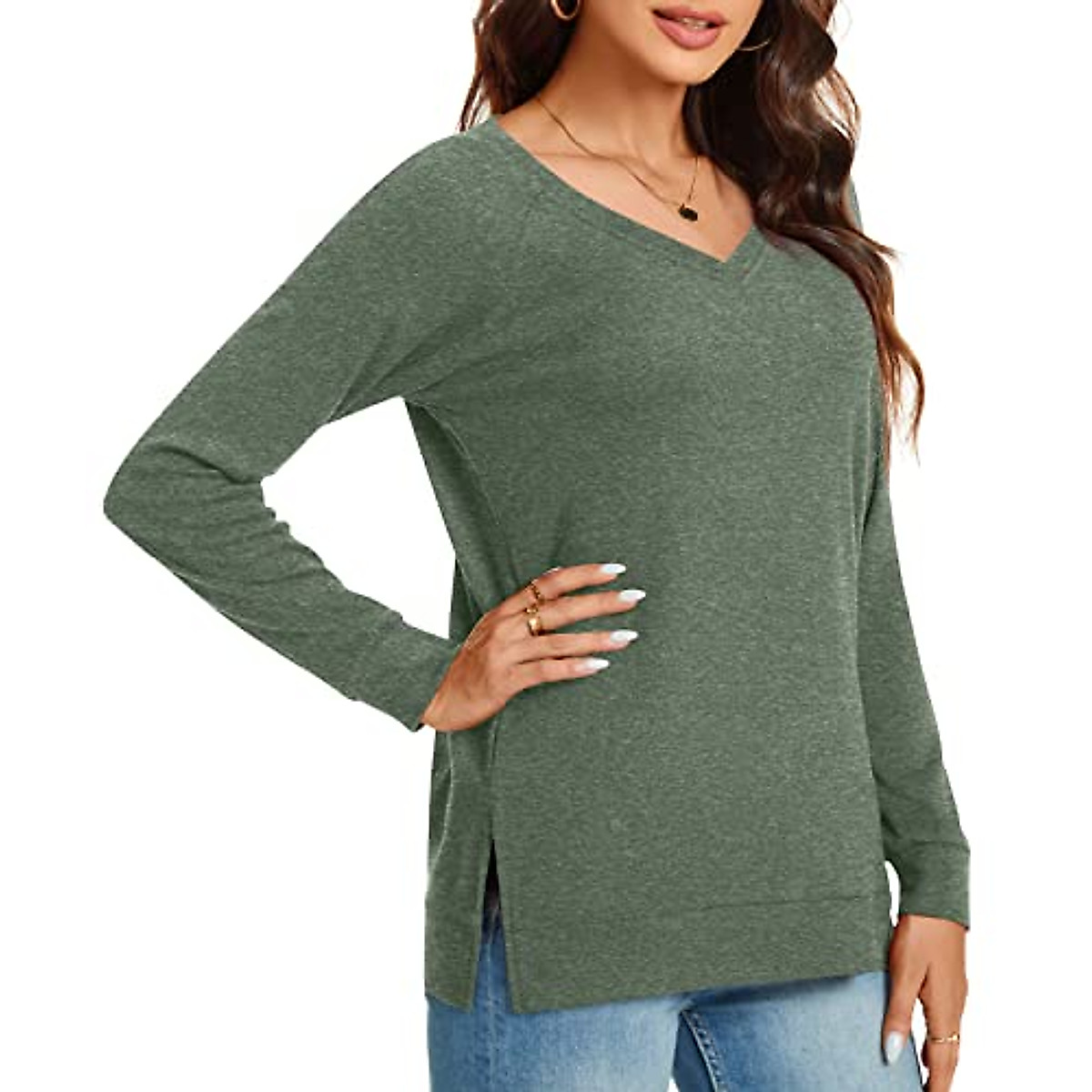 TAOHUADAO Women's 2024 Fall Casual Long Sleeve T-Shirt Side Split Tunic Tops for Leggings Loose V-Neck Sweater Christmas X-Large, Drak Green