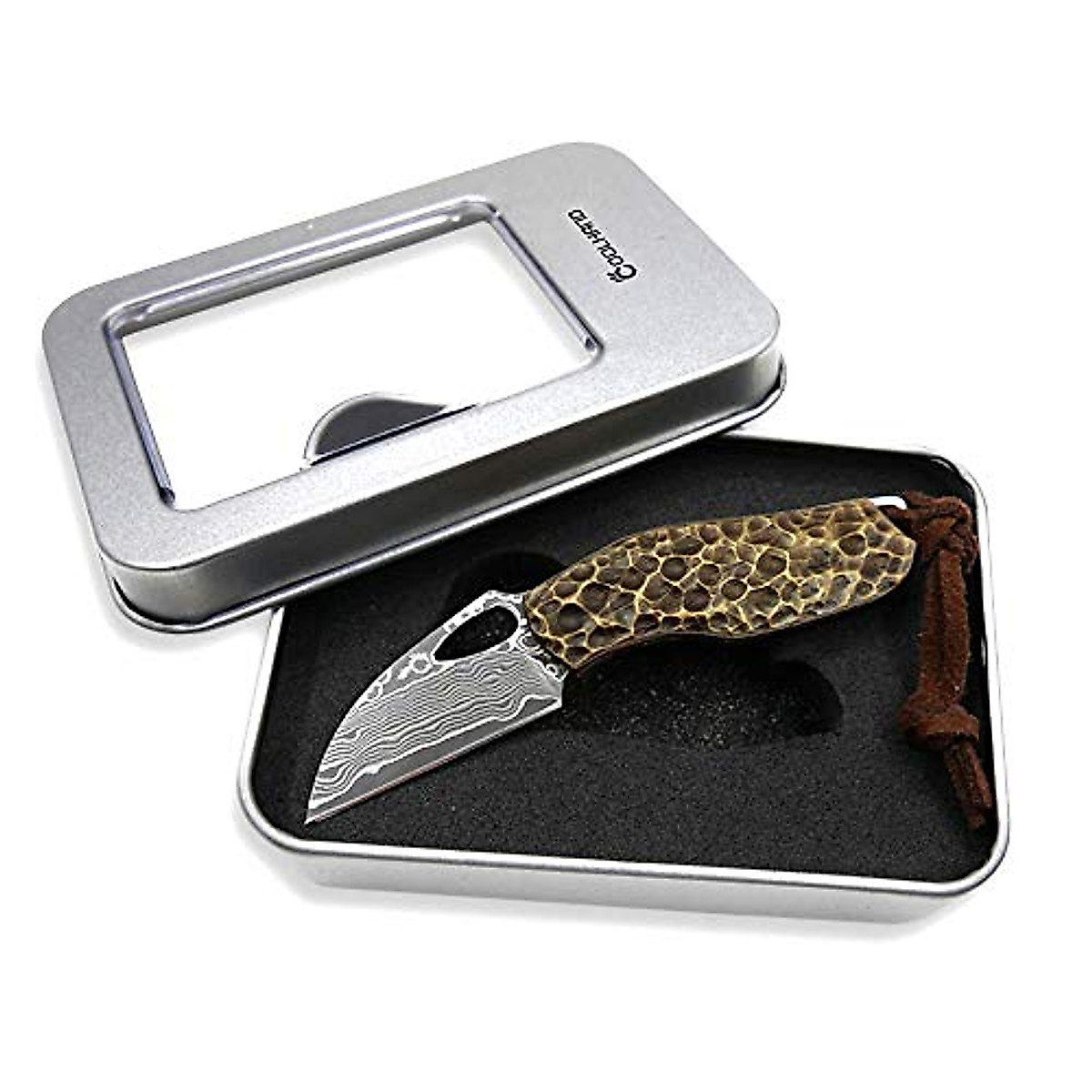 Cool Hand 2'' EDC Flip Joint Folding Knife, Small Pocket Knives w/ 1.25'' VG10 Damascus Steel Blade, Brass Handle w/Leather Lanyard，Tin Box Packaging