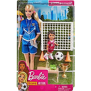 Barbie Soccer Coach Playset with Blonde Soccer Coach Doll, Student Doll and Accessories: Soccer Ball, Clipboard, Goal Net, Cones, Bench and More for Ages 3 and Up