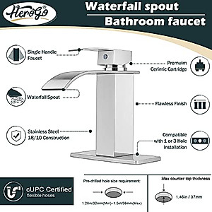 Herogo Bathroom Sink Faucet, Brushed Nickel Waterfall Stainless Steel Bathroom Faucet with Brass Pop Up Drain, Single Handle 1 Hole or 3 Holes Deck Mount Vanity RV Lavatory Faucet with 2 Water Hoses