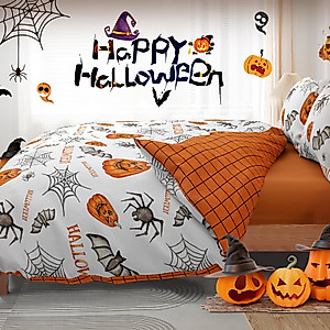 Halloween Duvet Cover Set Queen Fall Pumpkin Spider Cobweb Bat Pattern Duvet Cover, 3 Piece Halloween Themed Bedding Set with Pillowcases, Soft Microfiber Festival Room Decor for Teens Kids(90''x90'')