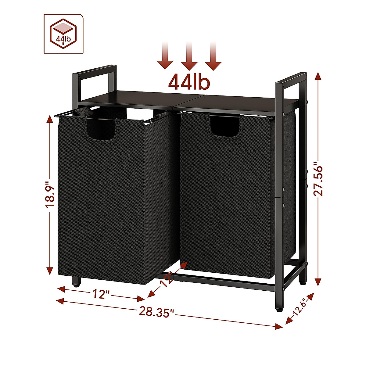 Kitstorack Laundry Basket Organizer, Laundry Hamper with Shelf & 2 Pull-Out Removable Bags, Dirty Clothes Hamper Organizer for Laundry Room Bathroom and Dorm, 2 x 11.8 gallons (44.5L)