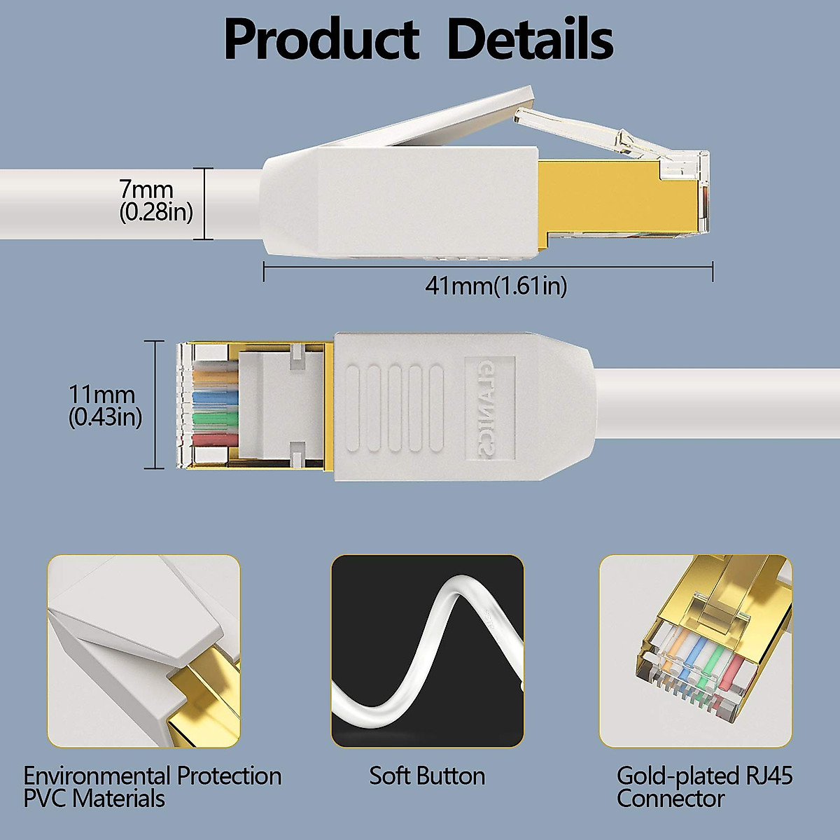 GLANICS Cat 8 Ethernet Cable 25 ft, Cat8 Network Internet LAN Cable High Speed 40Gbps RJ45 Plug Patch Cord with Clip, LAN Wire for Router, Modem, Gaming, Xbox, PS4, Switch