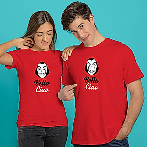 BannerBuzz, Bella Ciao Crew Neck T-Shirt Short Sleeve, Cotton Fabric, Unisex, Digitally Printed, Fabric Warranty for up to 25 Washes (X-Large, Red)