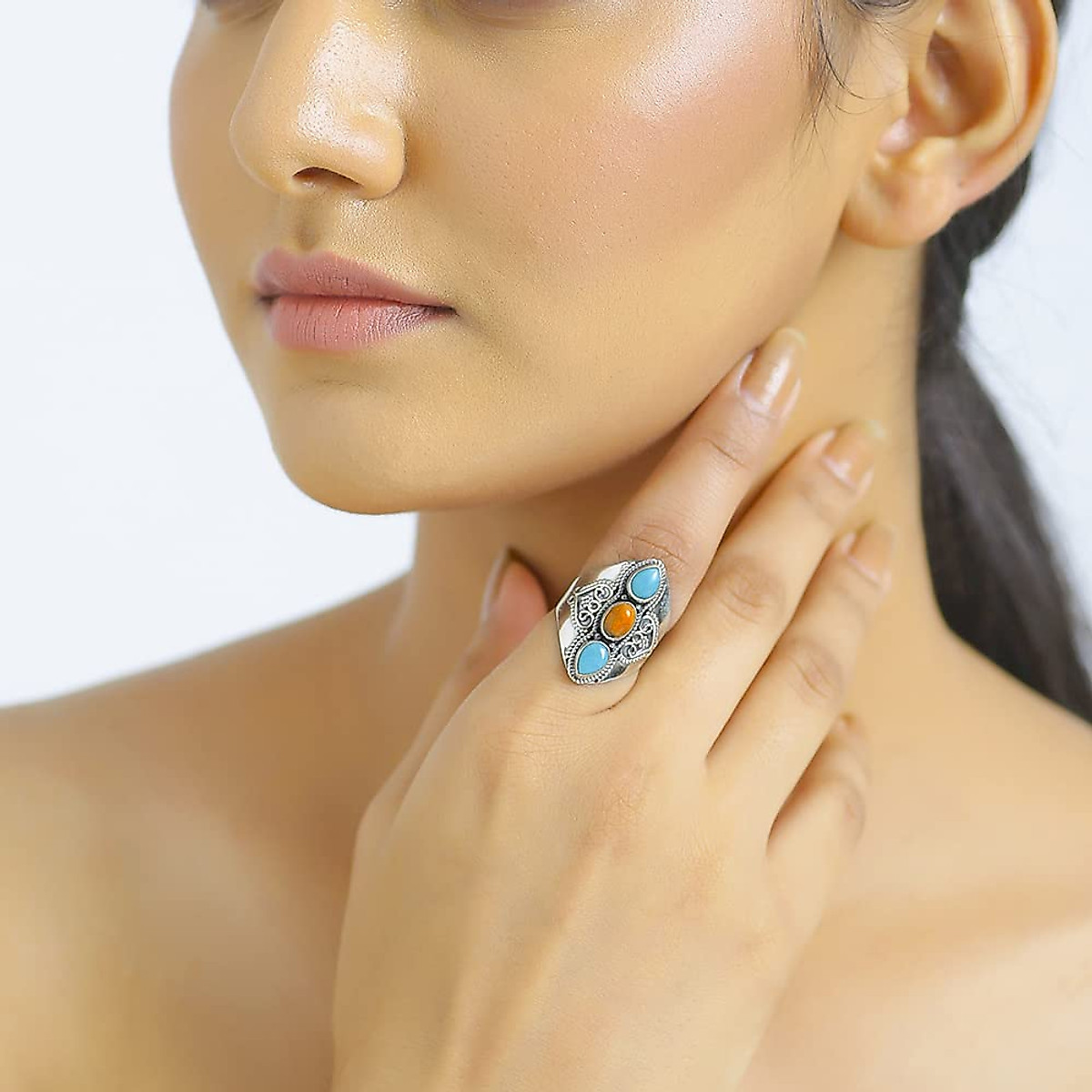 YoTreasure .925 Sterling Silver Turquoise 3 Stone Wide Band Boho Ring