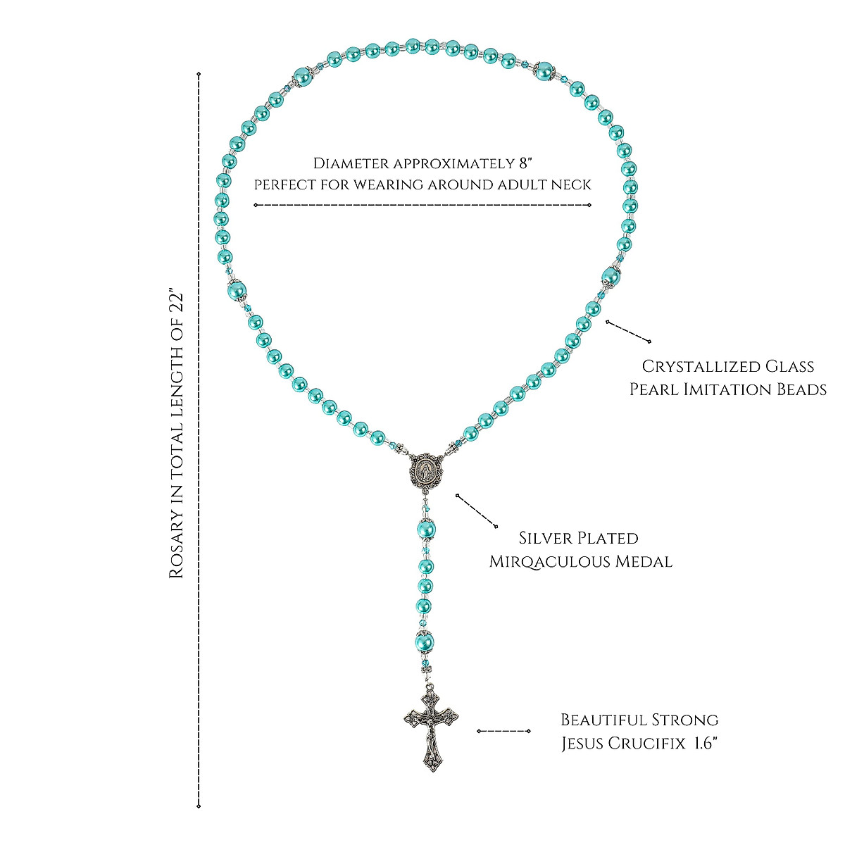 Nazareth Store Blue Pearl Beads Womens Rosary Handcrafted Beaded Necklace with Miraculous Medal and Jesus Cross