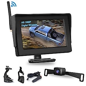 Wireless Backup Camera for Trucks Car Pickup Camper Van, 4.3 Inch IPS Monitor, HD 1080 Digital License Plate Rear View Camera Night Vision Waterproof Image Flip Grid Lines ON/Off