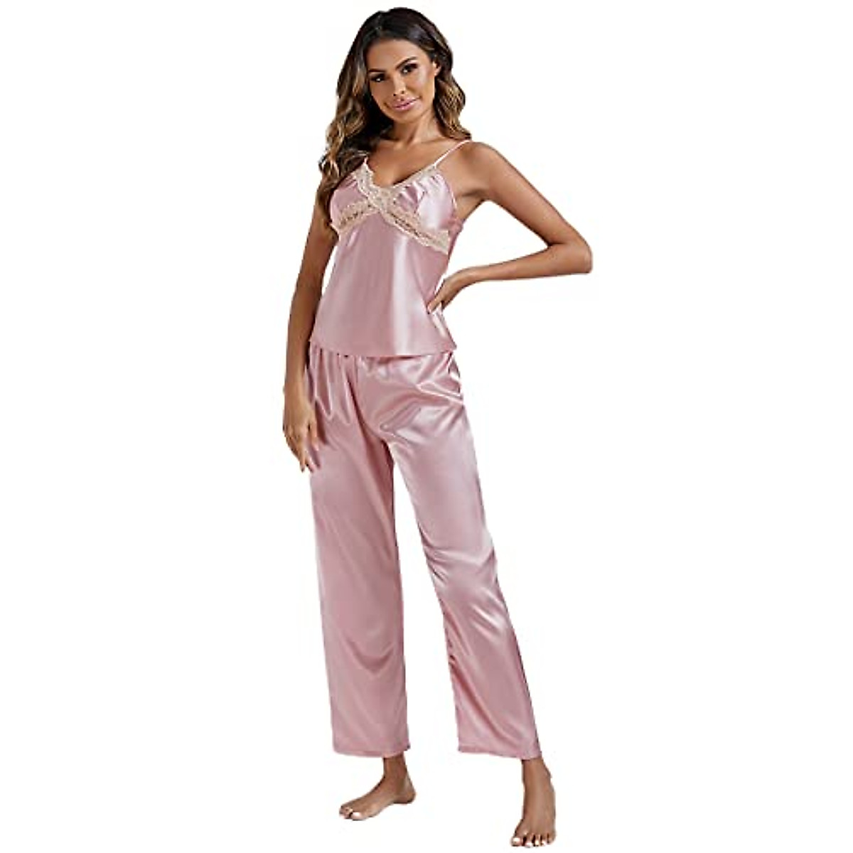 LYANER Women's Satin Silk Pajamas Set V Neck lace Trim Cami Top and Pants Sleepwear Pjs Set Pink Medium