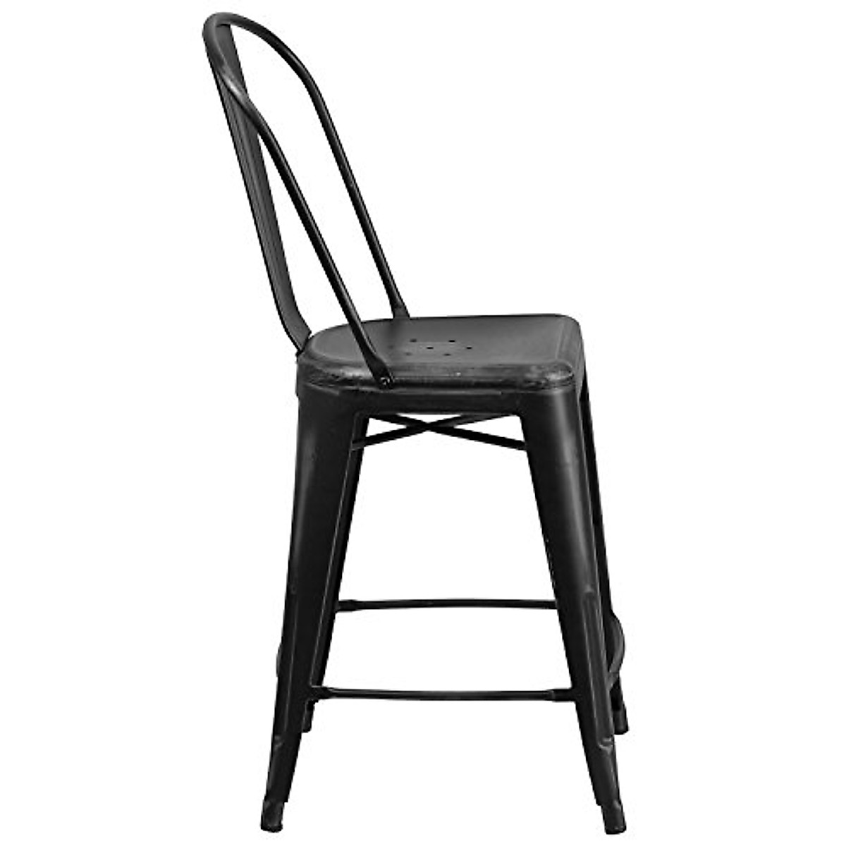 Flash Furniture Carly Commercial Grade 24" High Distressed Black Metal Indoor-Outdoor Counter Height Stool with Back