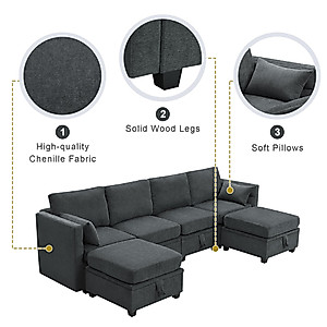 Ucloveria Chenille Modular Sectional, U Shaped Couch with Adjustable Armrests and Backrests,6 Reversible Sofa Bed with Storage Seats for Living Room, Apartment,Grey, Grey-109
