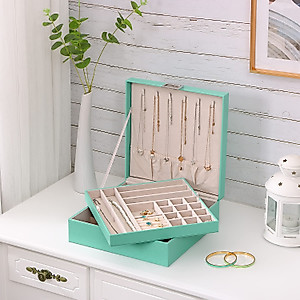 BEWISHOME Jewelry Box Gifts for Girls Women Jewelry Organizer Box 2 Layers Velvet Jewelry Boxes with Necklace Hooks, PU Leather Jewelry Storage Case for Rings, Earrings, Bracelets Cyan SSH71Q