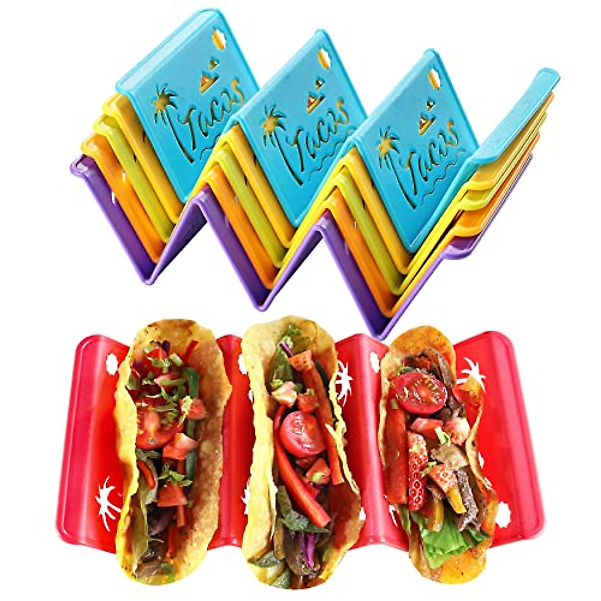 6PCS Taco Holder Stands with Unique Island Pattern, Colorful Premium Large Taco Holders Set of 6, Taco Stands for 3 Tacos, Street Taco Rack, PP Material, Dishwasher & Microwave Safe, Taco Tuesday