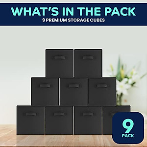 Cube Storage Bins - 11 Inch Storage Cubes (9 Pack) | Fabric Cubby Basket for Home, Kids Room & Nursery | Dual Handles, Foldable | Cube Organizer Storage Bin (Black)