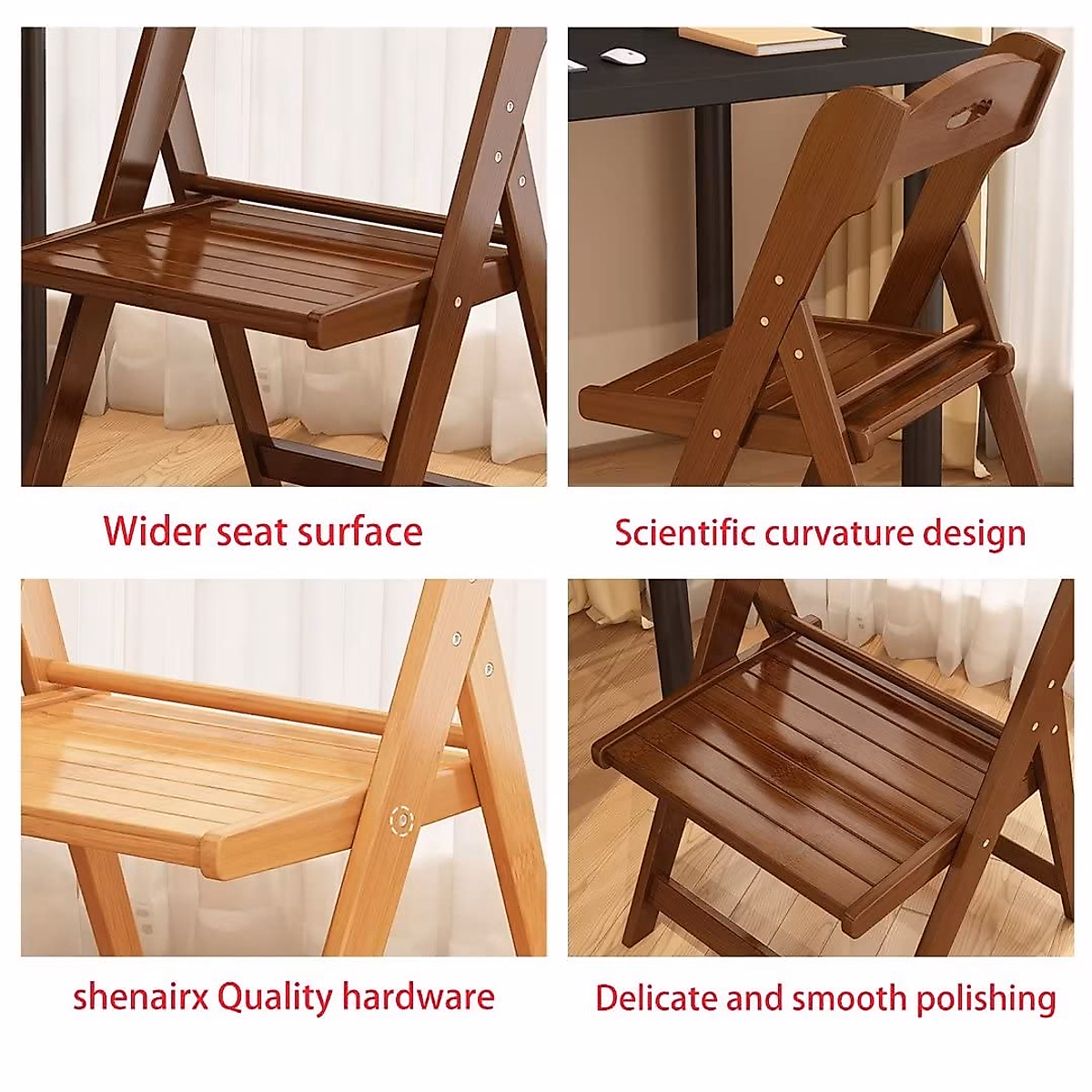 Shenairx Bamboo Folding Chairs, Fully Assembled Folding Chair, Indoor and Outdoor Wedding Chair Wooden Slatted Seat for Dining Room Kitchen Balcony Wedding Occasion Events,1ps(Natural Color)