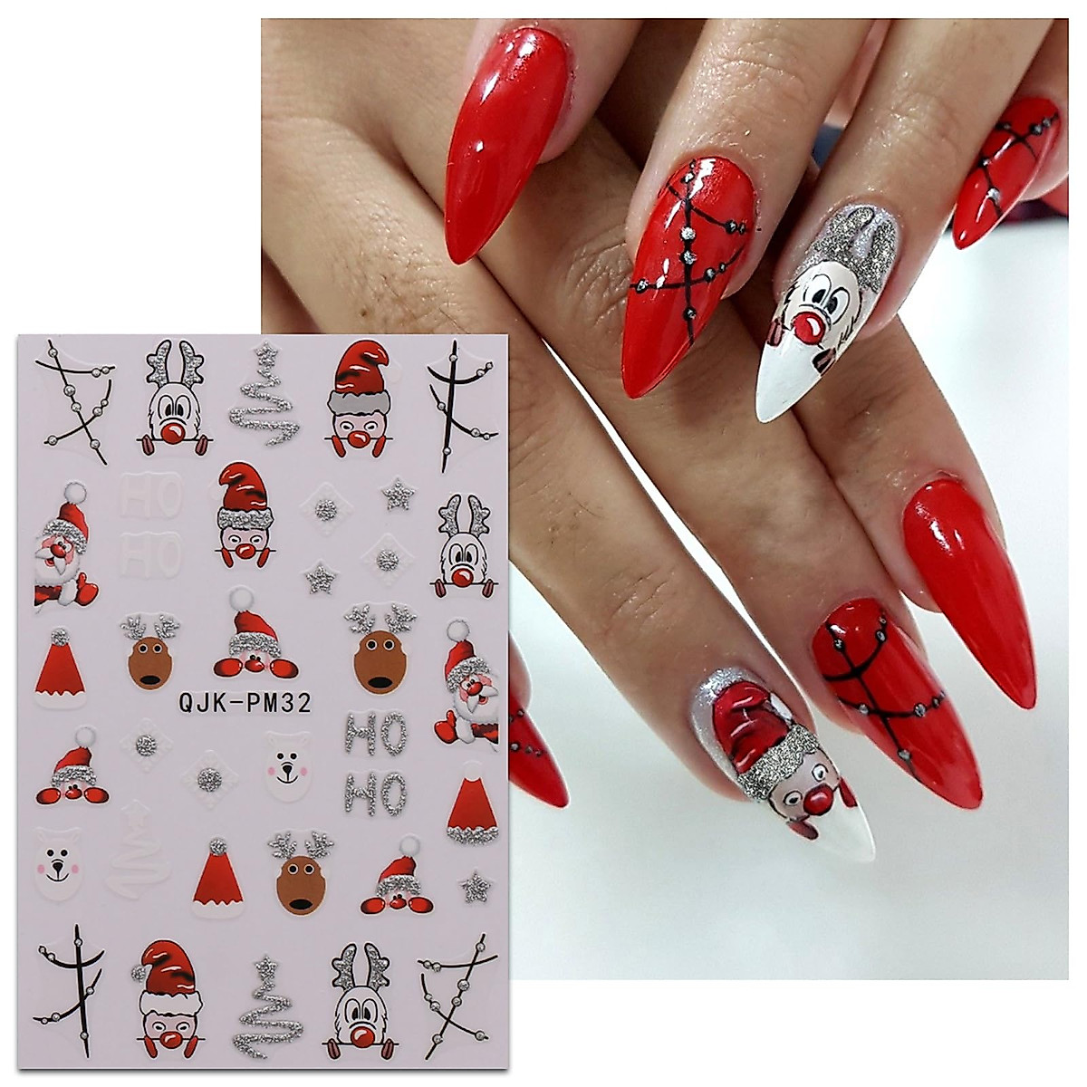 JMEOWIO 10 Sheets Glitter Christmas Nail Art Stickers Decals Self-Adhesive Pegatinas Uñas Cute Snowman Snowflake Line Xmas Winter Holiday Nail Supplies Nail Art Design Decoration Accessories