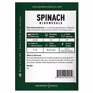 Bloomsdale Spinach Seeds for Planting is A Great Heirloom, Non-GMO Vegetable Variety- Great for Indoor, Outdoor and Hydroponics Gardening by Gardeners Basics