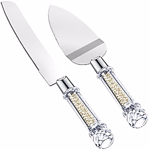 Homi Styles Wedding Cake Knife and Server Set | Plastic Faux Ivory Pearl filled Handles & Premium 420 Stainless Steel Blades | Cake Cutting Set for Wedding Cake, Birthdays, Anniversaries, Parties
